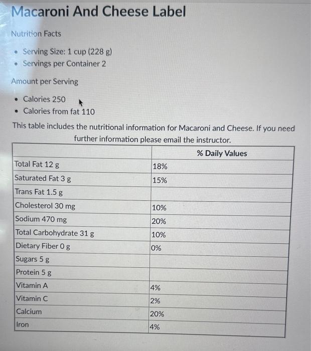 Macaroni And Cheese Label Nutrition Facts - Serving | Chegg.com
