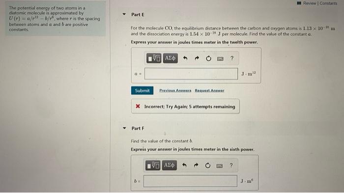 Solved Review Constants Part E The potential energy of two | Chegg.com Solved Review Constants Part E The potential energy of two | Chegg.com
