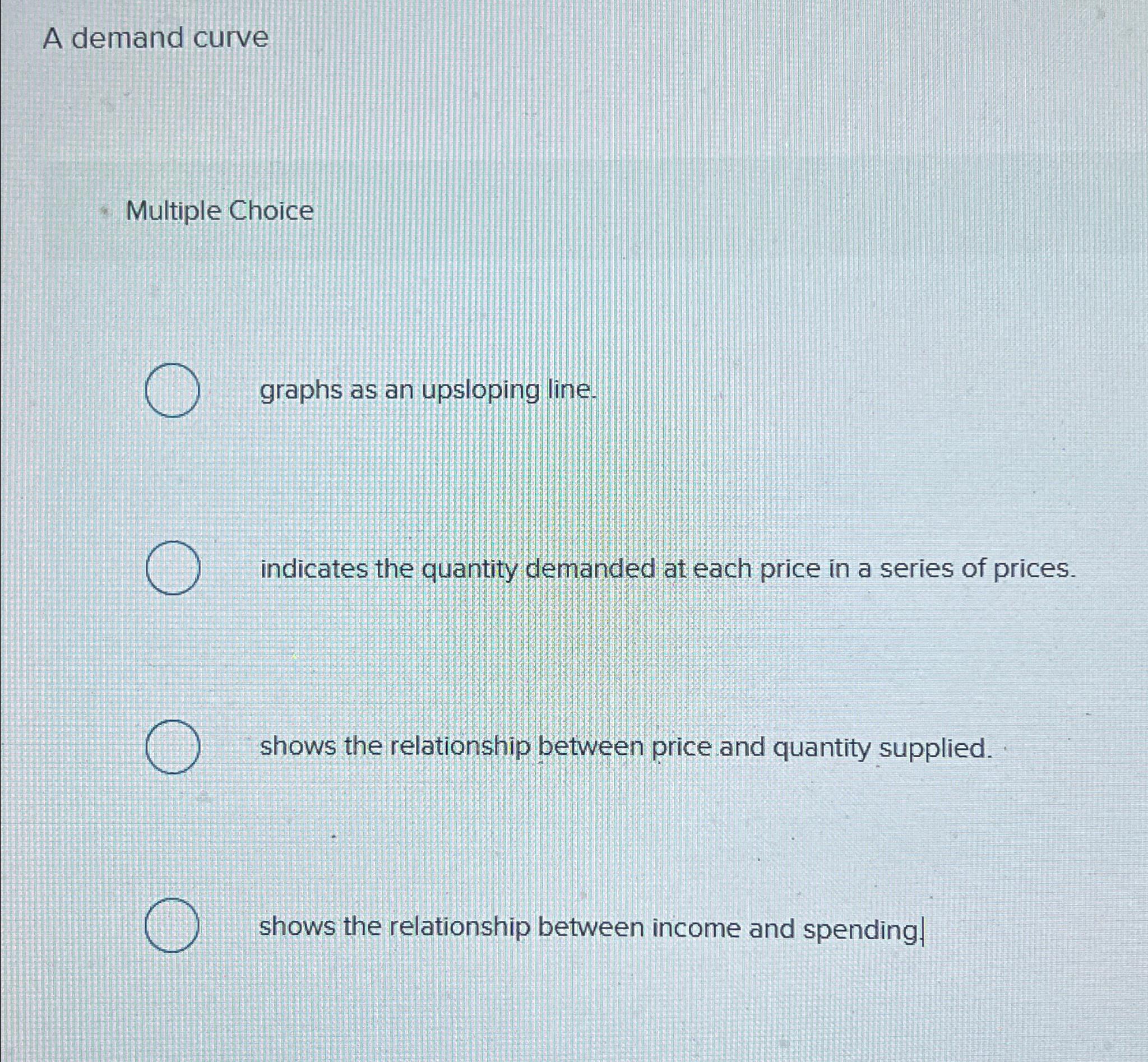 Solved A demand curveMultiple Choicegraphs as an upsloping | Chegg.com