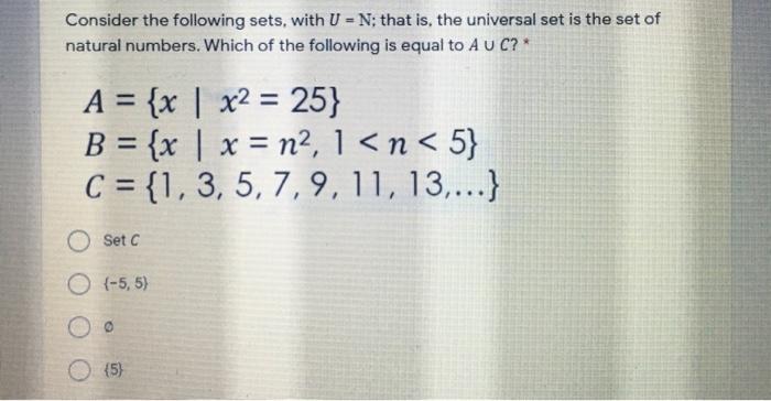 Solved Consider The Following Sets With U N That Is The