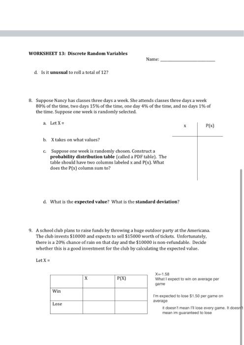 Solved Name: 1. Random Variable is a variable that takes on | Chegg.com