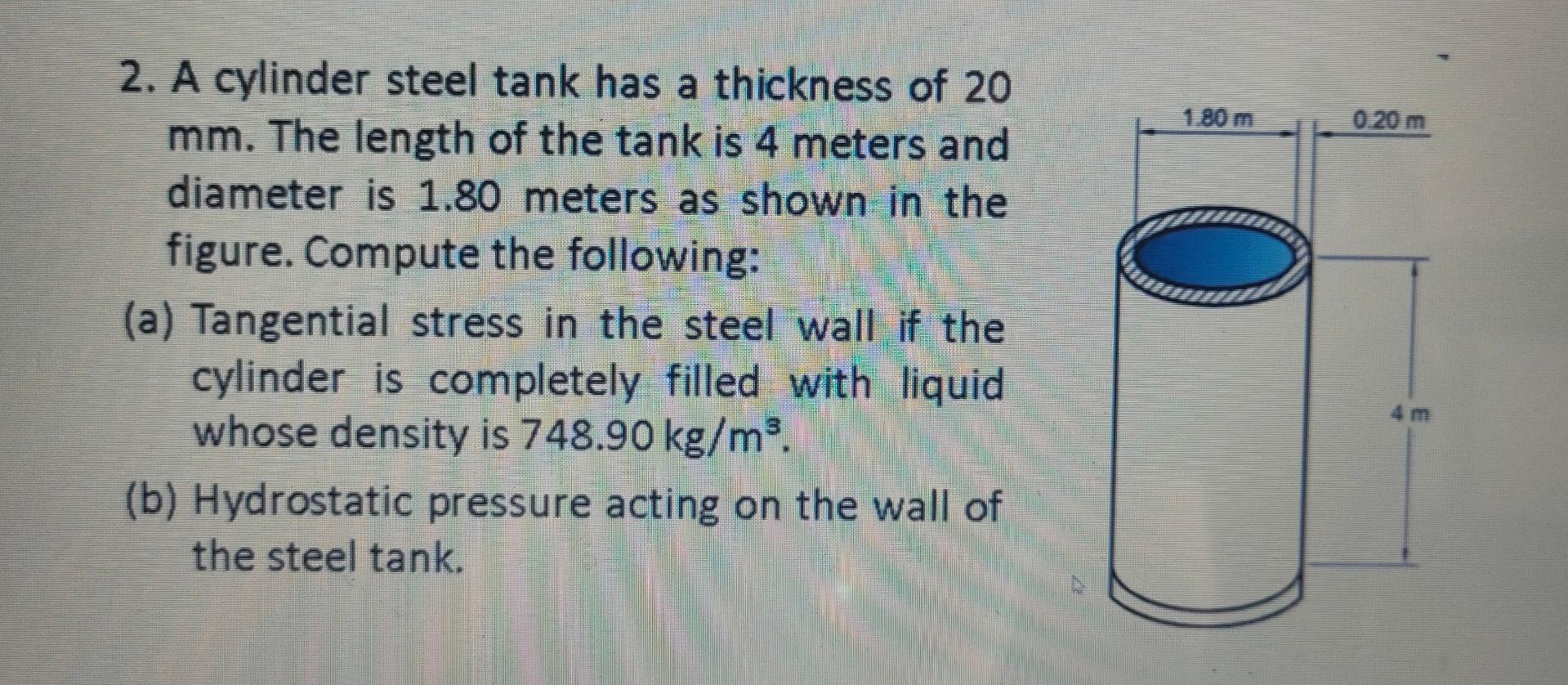 Solved 180 m 0.20 m 2. A cylinder steel tank has a thickness | Chegg.com