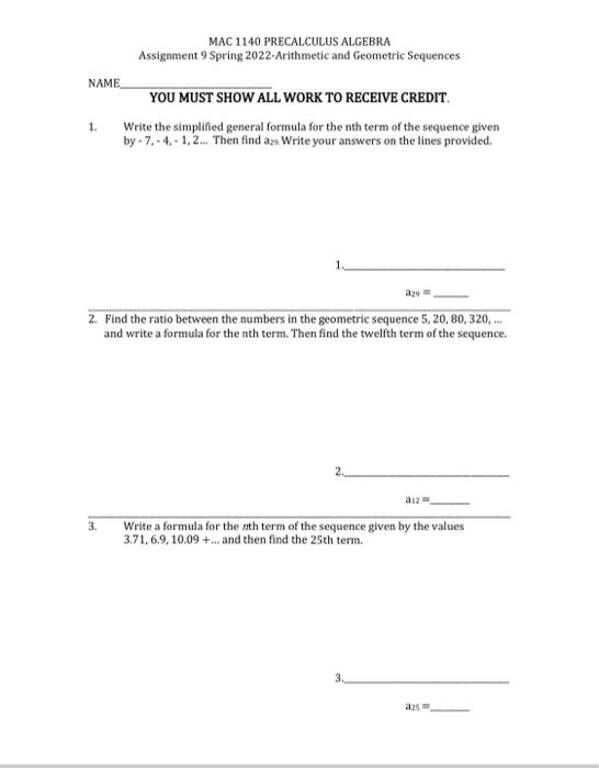 Solved MAC 1140 PRECALCULUS ALGEBRA Assignment 9 Spring | Chegg.com