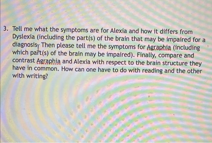 Solved 3. Tell me what the symptoms are for Alexia and how | Chegg.com