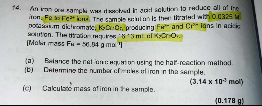 Solved 14 An Iron Ore Sample Was Dissolved In Acid Solution