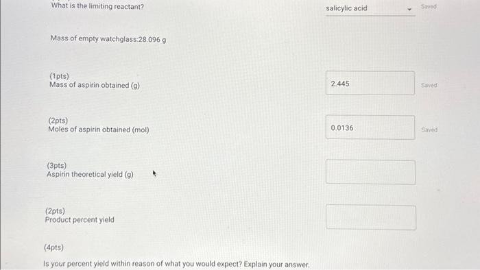 Solved (19pts) Calculation of Yields Mass of Erlenmeyer | Chegg.com