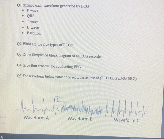 Solved QI defined each waveform generated by ECG • P wave: | Chegg.com