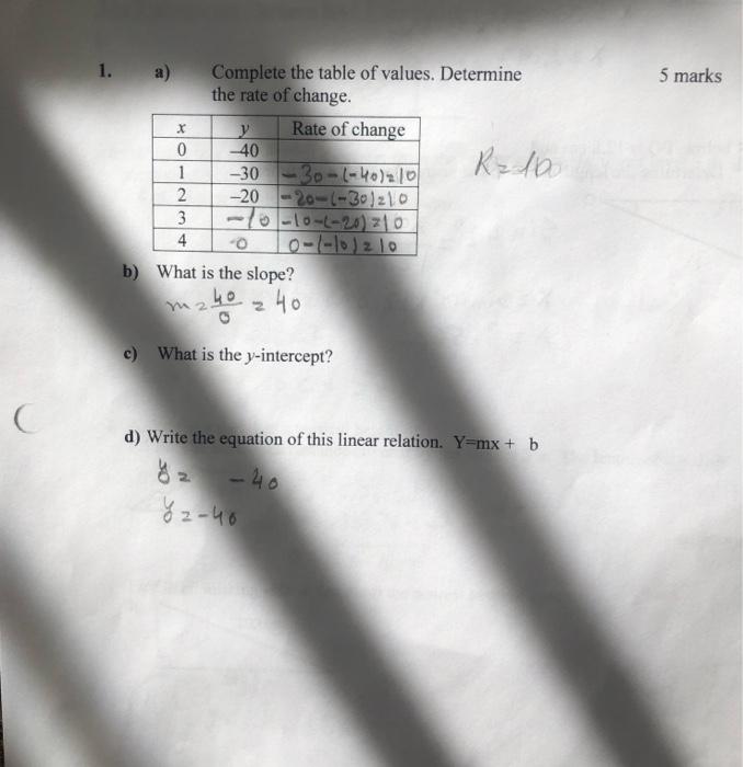 Solved a) Complete the table of values. Determine the rate | Chegg.com