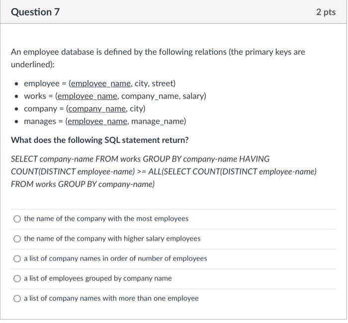 Solved A employee database is defined by the following | Chegg.com
