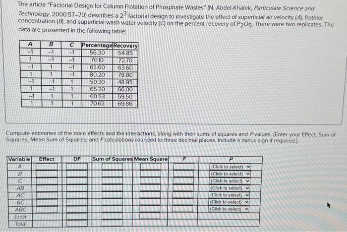 Solved The article "Factorial Design for Column Flotation of | Chegg.com