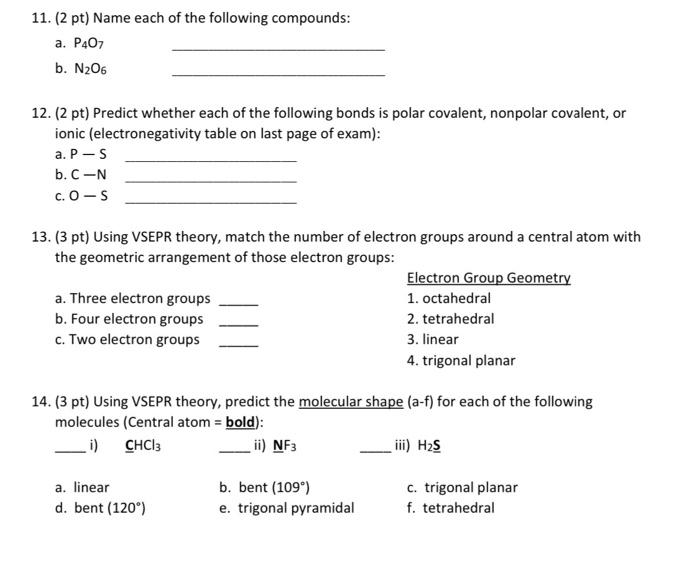Solved 11. (2 pt) Name each of the following compounds: a. | Chegg.com