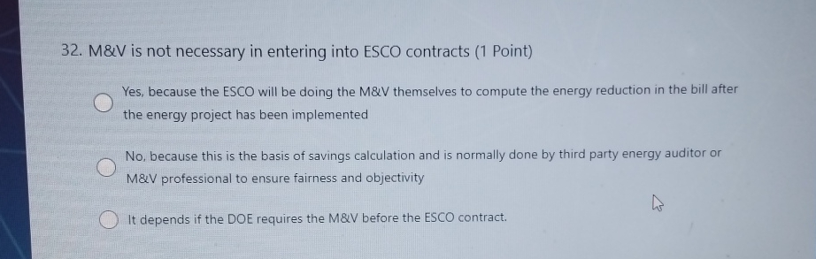 Solved M&V ﻿is not necessary in entering into ESCO contracts | Chegg.com