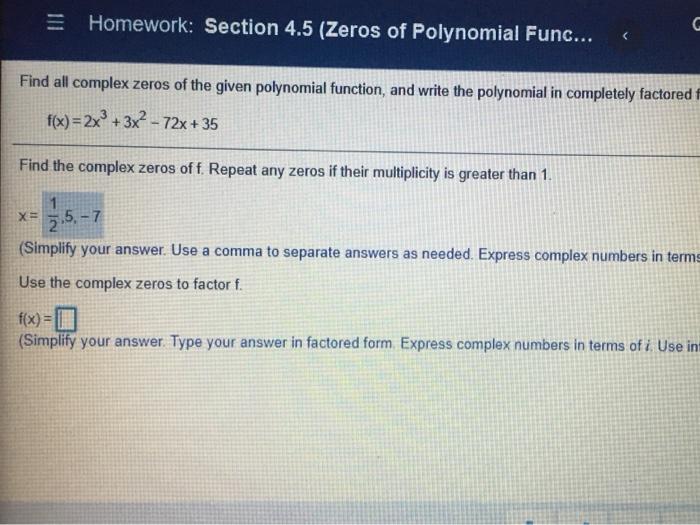 Solved = Homework: Section 4.5 (Zeros of Polynomial Func... | Chegg.com
