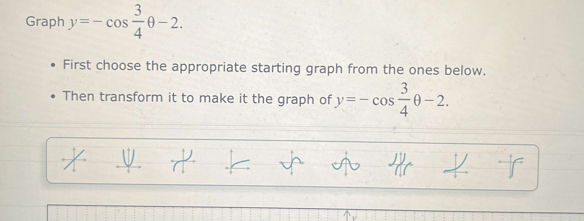 Solved Graph y=-cos(34θ)-2First choose the appropriate | Chegg.com