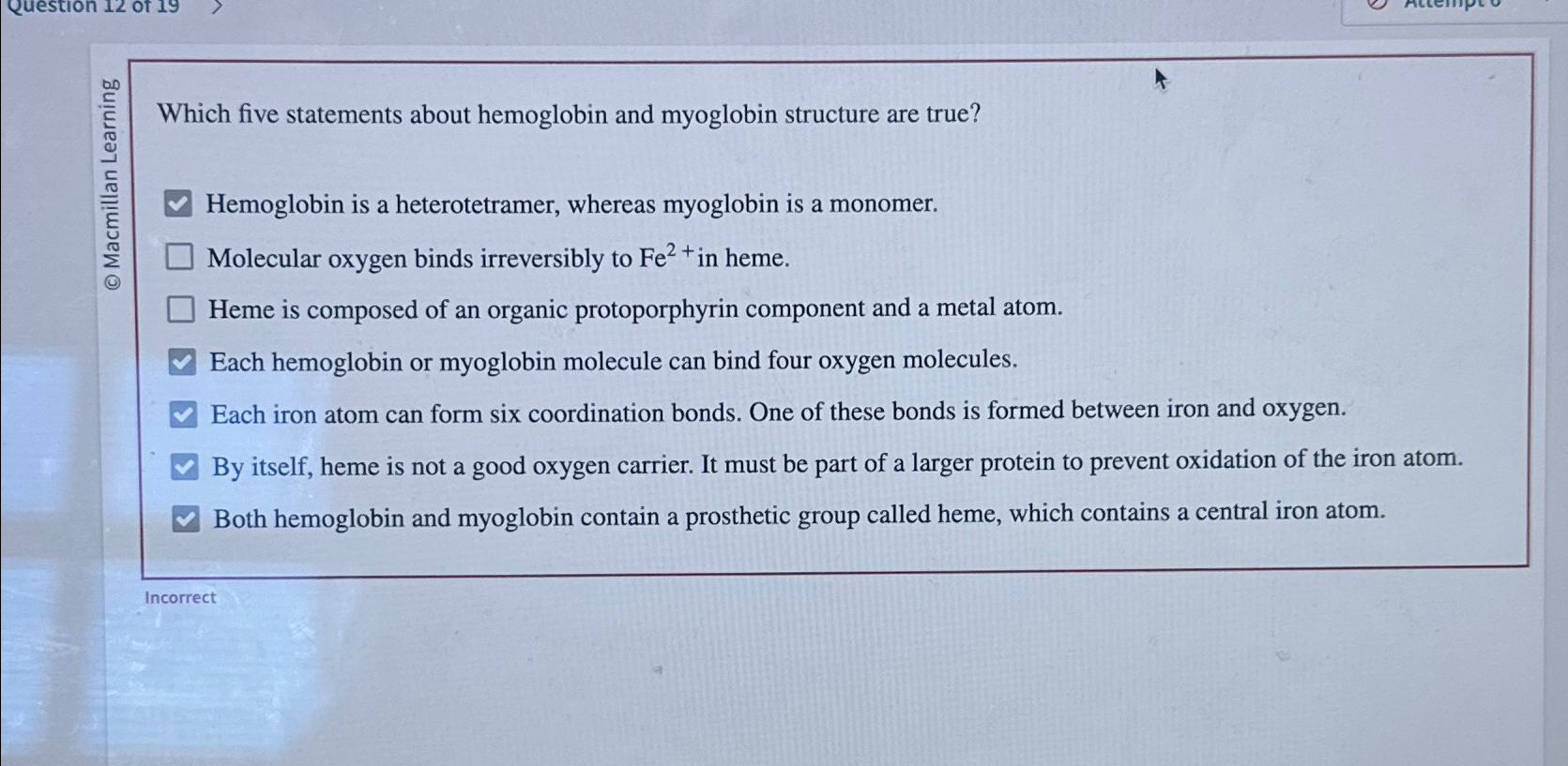 Solved Which five statements about hemoglobin and myoglobin | Chegg.com