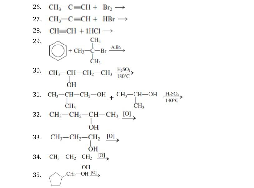 Solved 26. CH3-C=CH + Br2 → 27. CH2-C=CH + HBr → 28. CH=CH + | Chegg.com