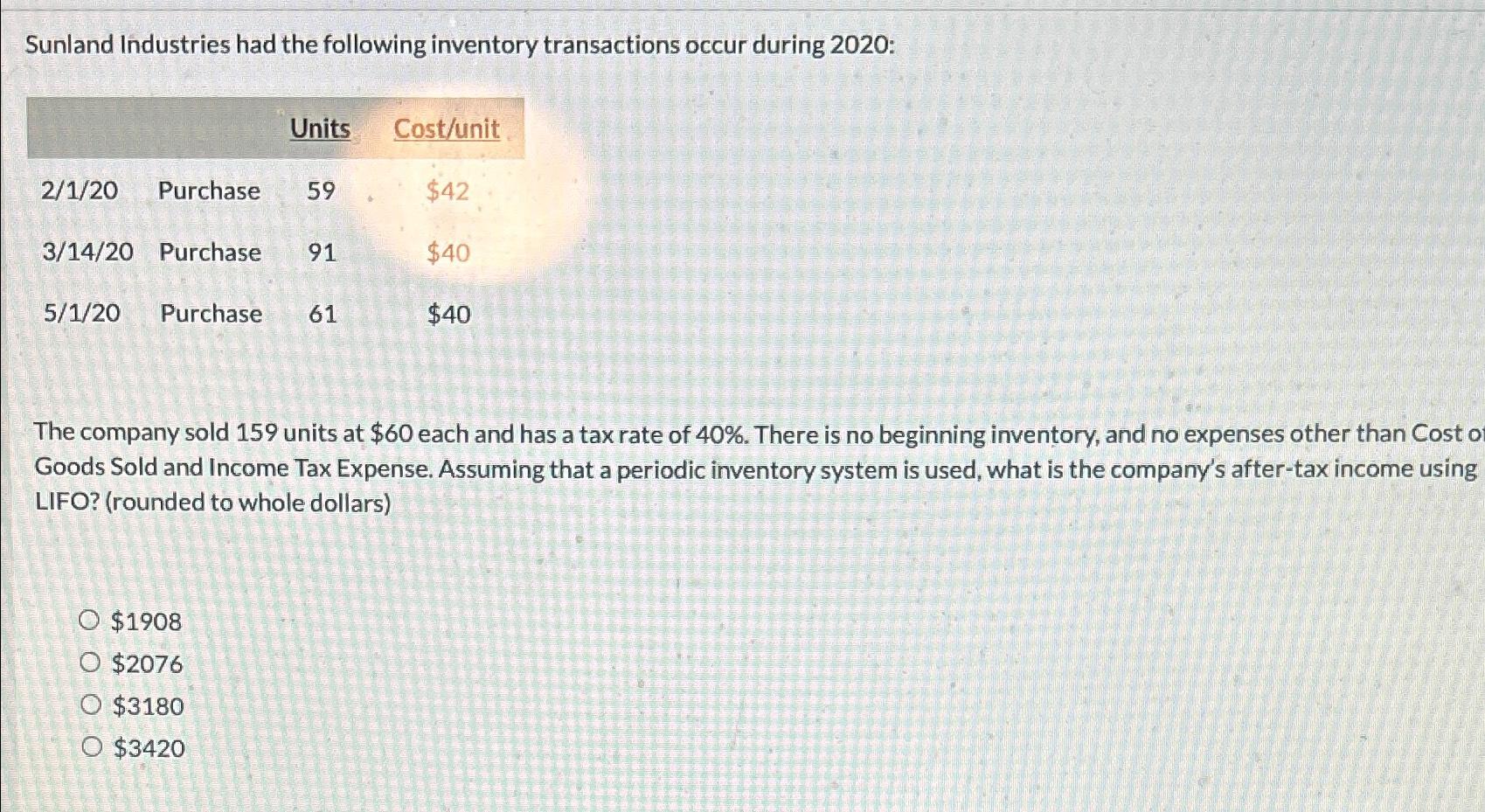 Solved Sunland Industries had the following inventory | Chegg.com