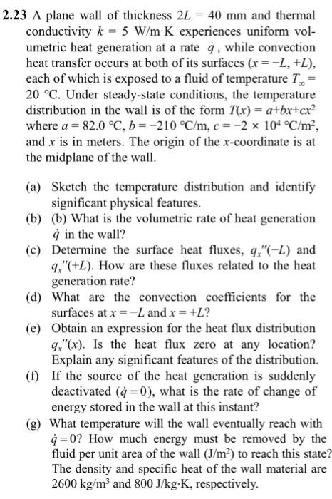 Solved 23 A plane wall of thickness 2L=40 mm and thermal | Chegg.com