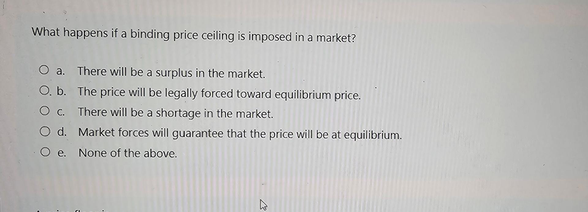 Solved What happens if a binding price ceiling is imposed in | Chegg.com