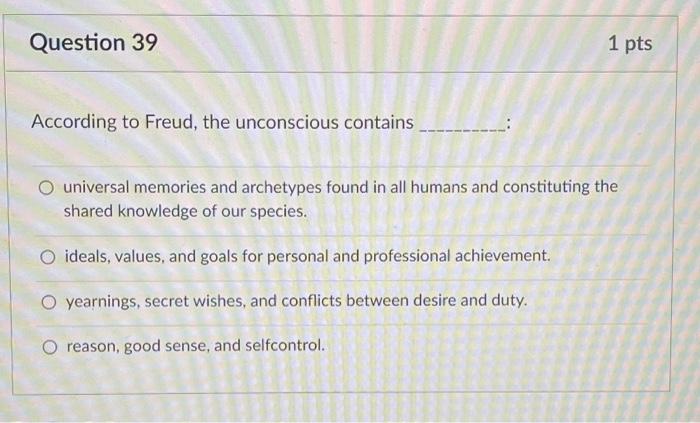 Solved Question 39 1 pts According to Freud, the unconscious | Chegg.com