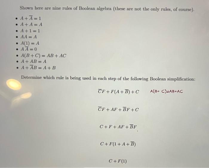 Solved Shown here are nine rules of Boolean algebra (these | Chegg.com