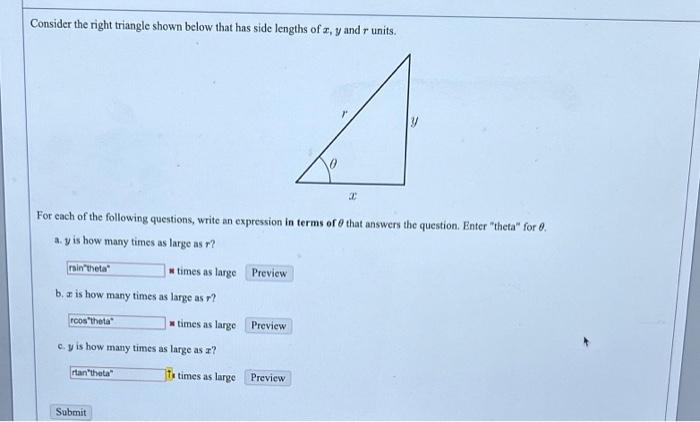 Solved Consider the right triangle shown below that has side | Chegg.com