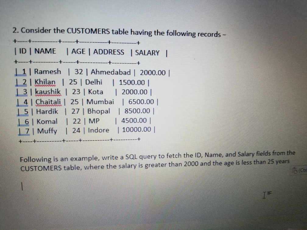 Solved 2. Consider the CUSTOMERS table having the following | Chegg.com