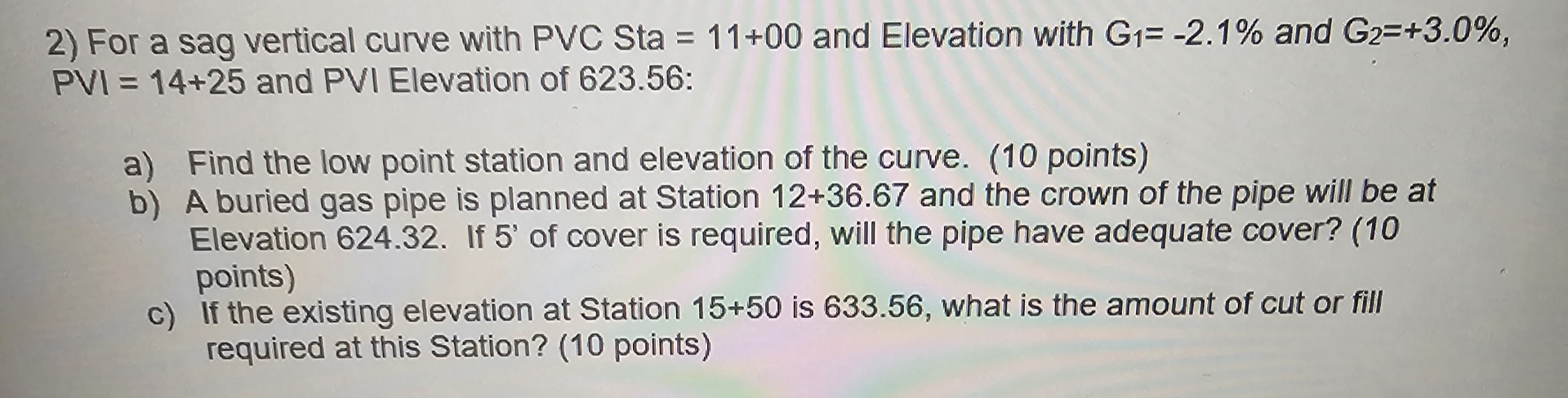 Solved For a sag vertical curve with PVC Sta =11+00 ﻿and | Chegg.com