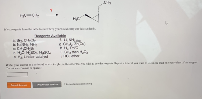 Solved CH3 H2C=CH2 HaC H₂C Select reagents from the table to | Chegg.com