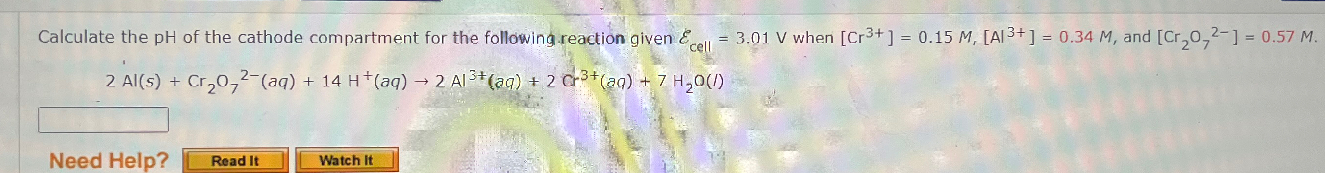 Solved Calculate the pH ﻿of the cathode compartment for the | Chegg.com