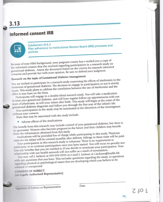 3.13 Informed consent IRB Subdomain I.E.2 Plan | Chegg.com