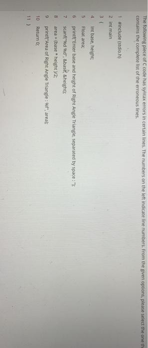 Solved The following piece of code has syntax errors in | Chegg.com