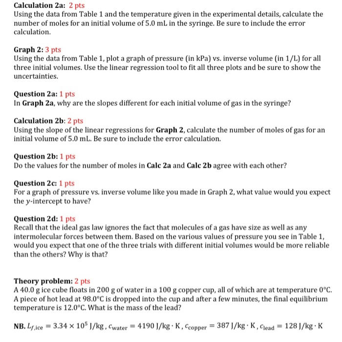 Calculation 2a: 2 pts Using the data from Table 1 and | Chegg.com