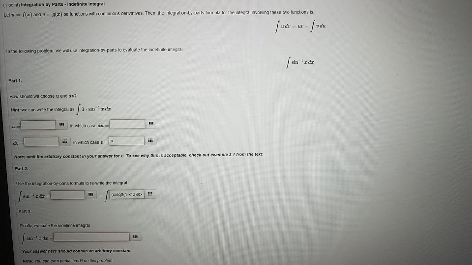Solved (1 point) Integration by Parts - Indefinite Integral | Chegg.com