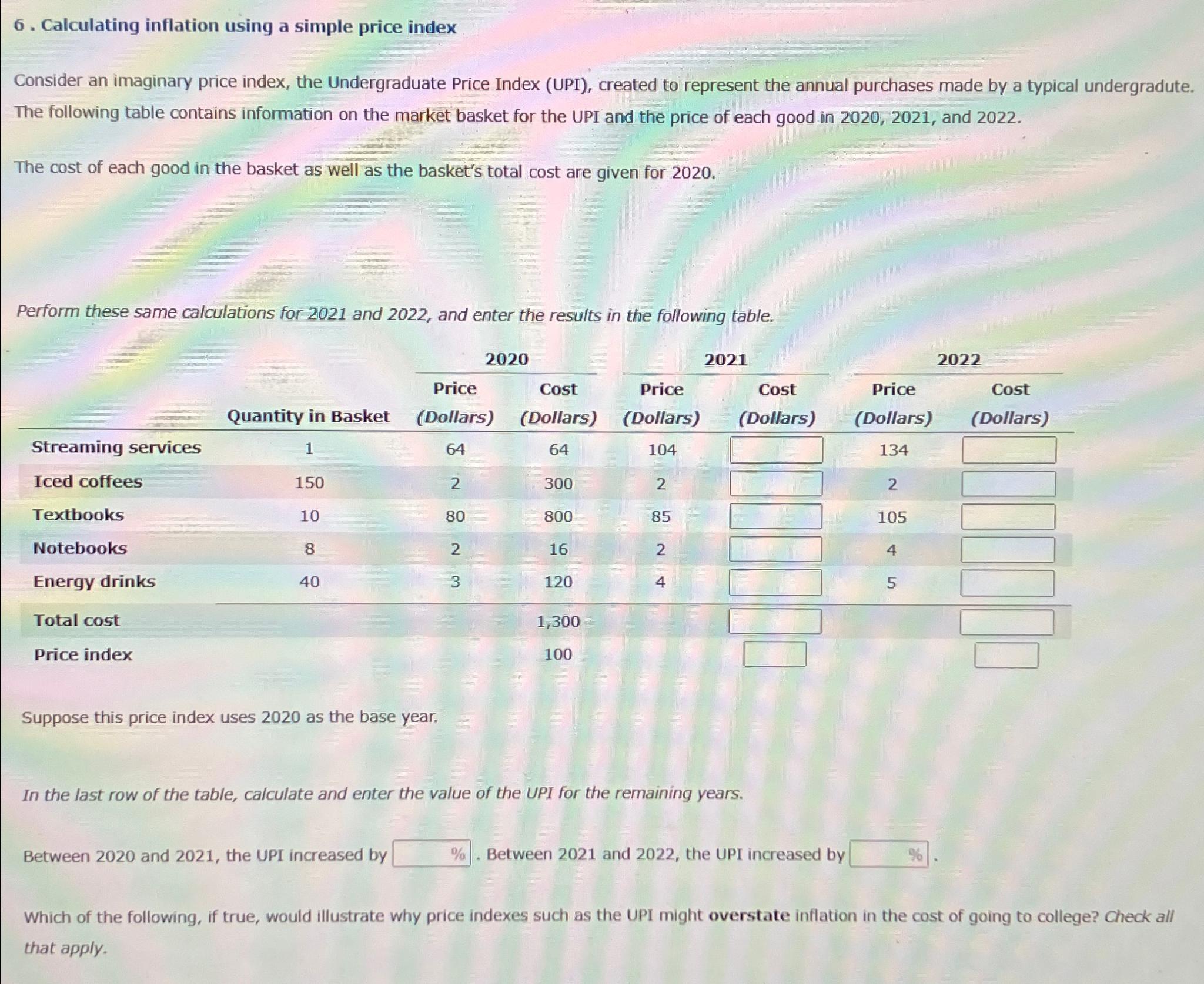 Solved Calculating inflation using a simple price | Chegg.com