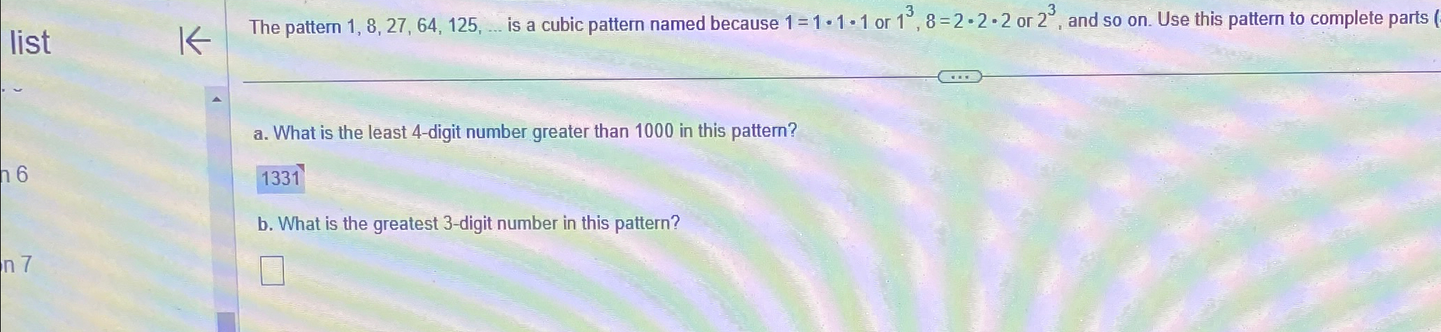 The pattern 1,8,27,64,125,dots is a cubic pattern | Chegg.com