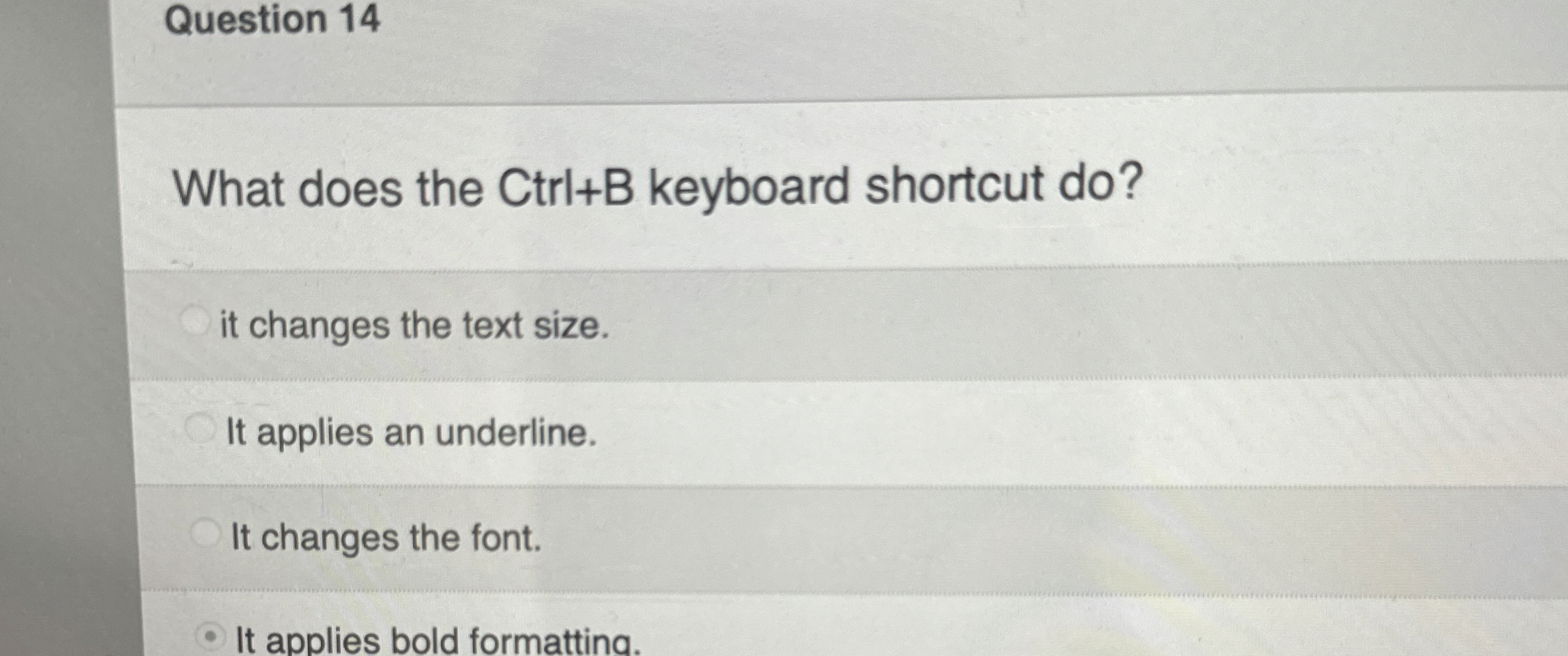 Solved Question 14What does the Ctrl+B keyboard shortcut | Chegg.com