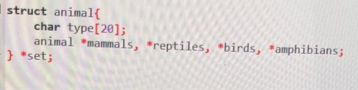 Solved struct animal\{ char type[20]; animal *mammals, | Chegg.com