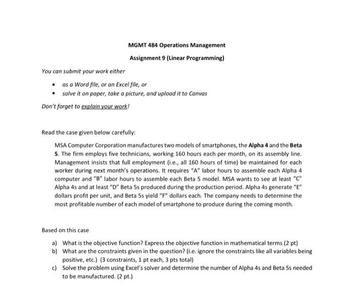 Solved MGMT 484 Operations Management Assignment 9 (Linear | Chegg.com