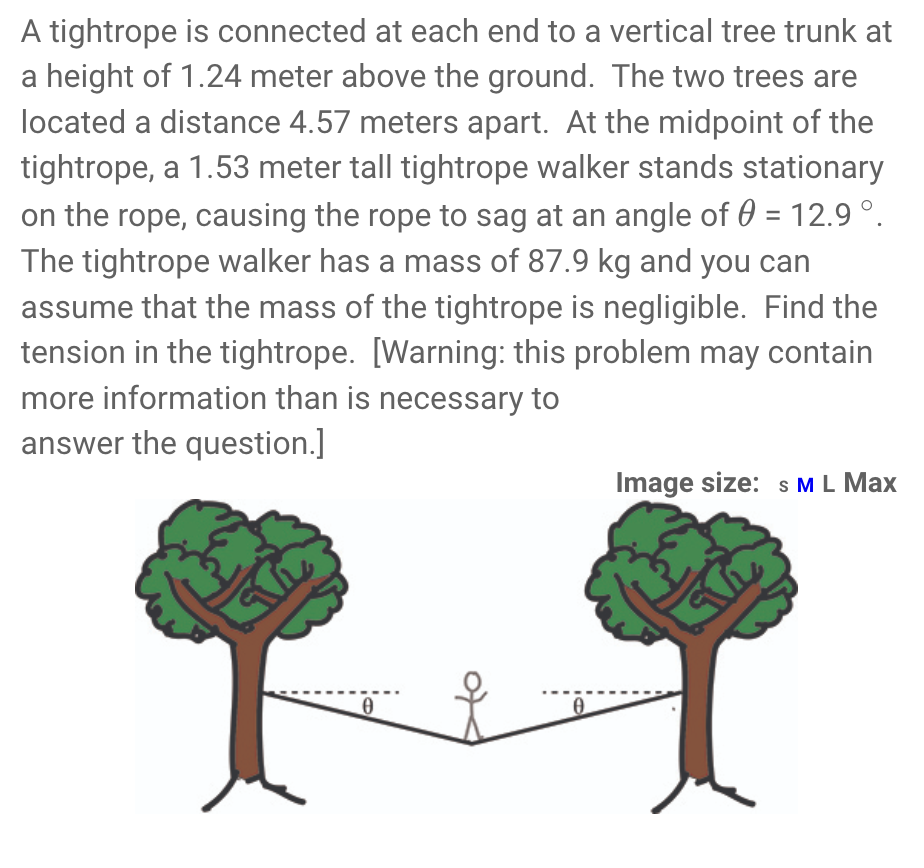 Solved A tightrope is connected at each end to a vertical | Chegg.com