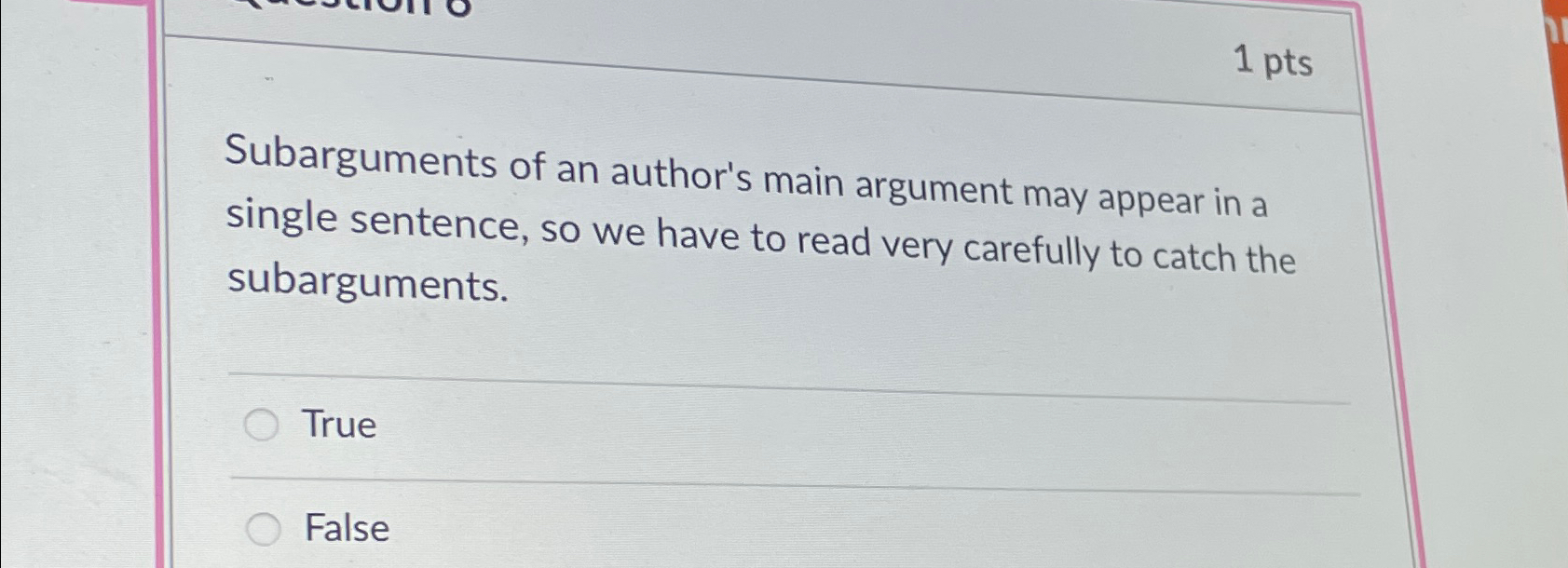 Solved 1 ﻿ptsSubarguments of an author's main argument may | Chegg.com