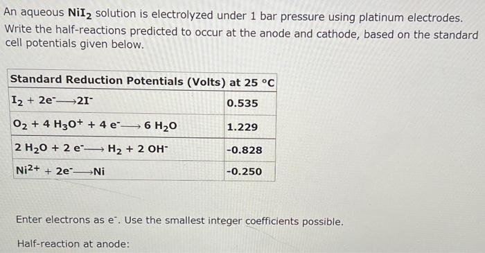 Solved An aqueous NiI2 solution is electrolyzed under 1 bar | Chegg.com