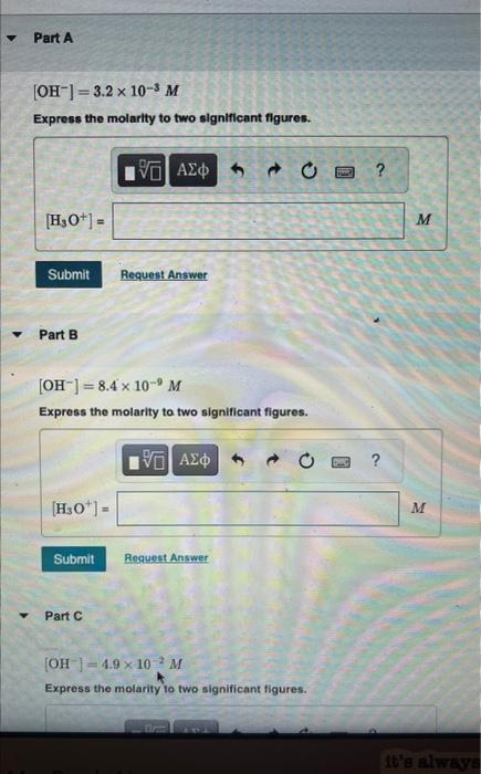 Solved [OH−]=3.2×10−3M Express the molarity to two | Chegg.com