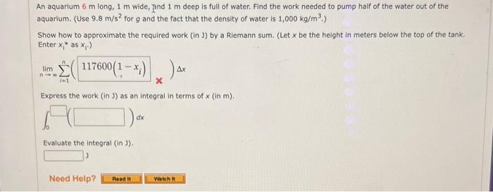 Solved An aquarium 6 m long, 1 m wide, pnd 1 m deep is full | Chegg.com