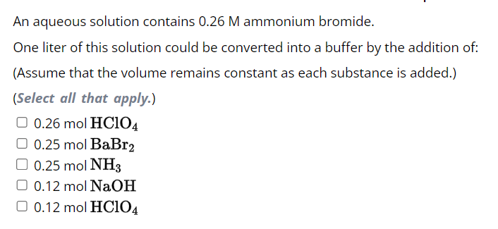 Solved An aqueous solution contains 0.26M ﻿ammonium | Chegg.com