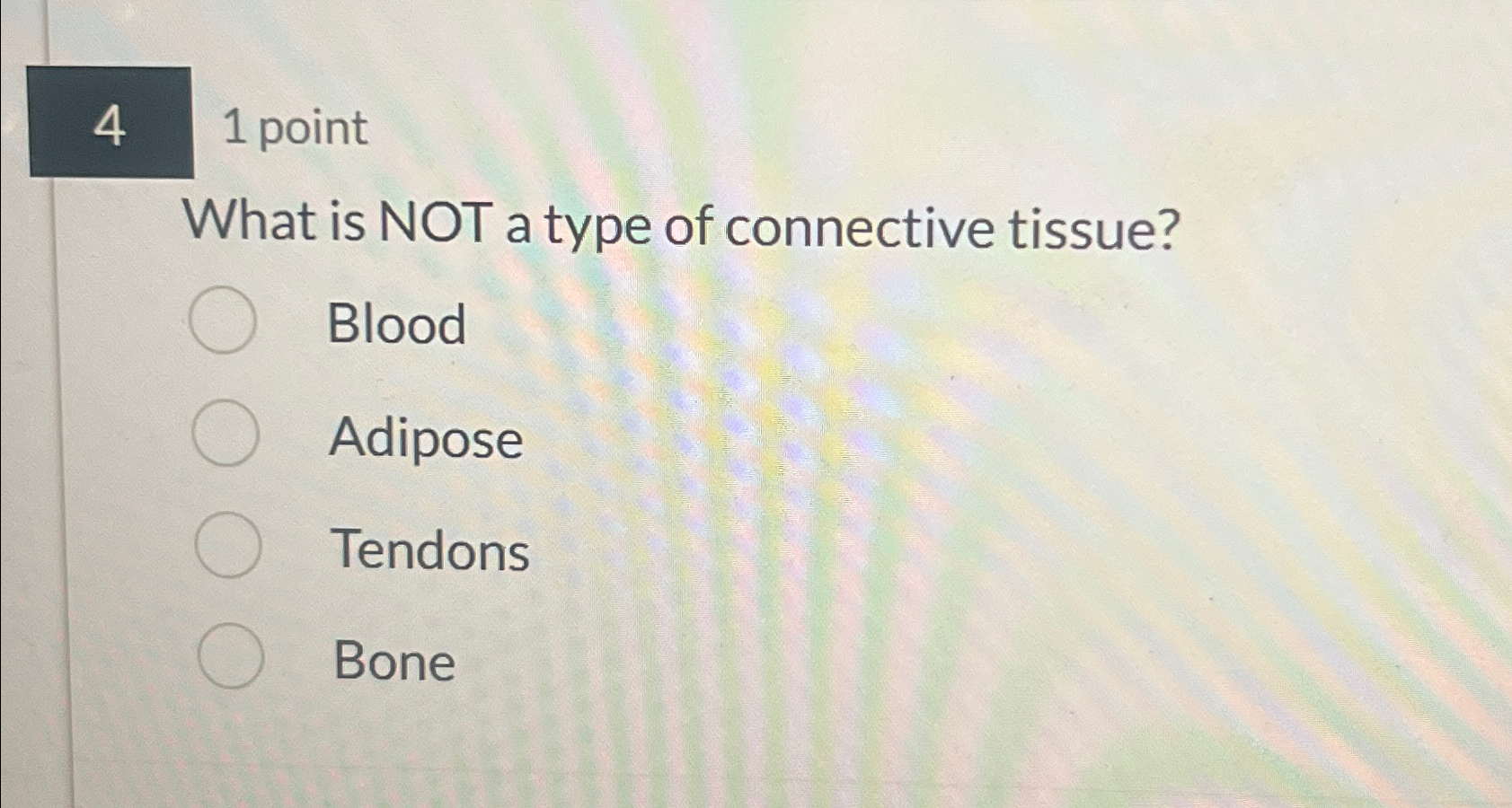 Solved 4 1 ﻿pointWhat is NOT a type of connective | Chegg.com