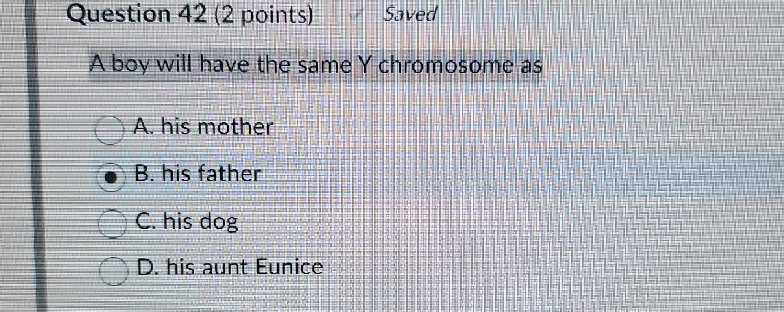 Solved Question 42 (2 ﻿points)SavedA boy will have the same | Chegg.com