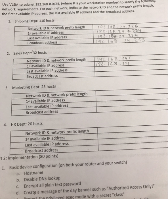 Solved Use VLSM to subnet 192.168.1.0/24, (where # is your | Chegg.com