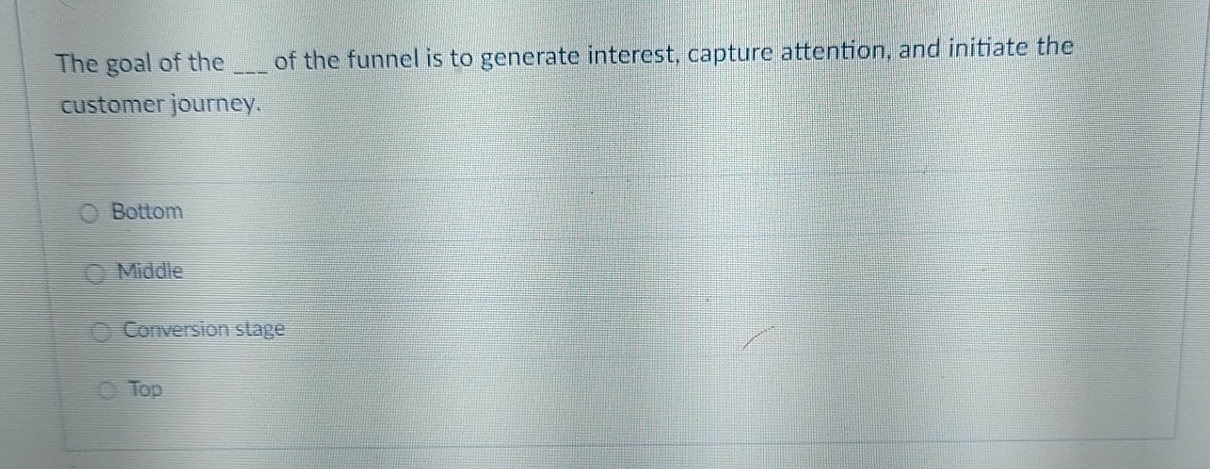 Solved The goal of the ______ ﻿of the funnel is to generate | Chegg.com