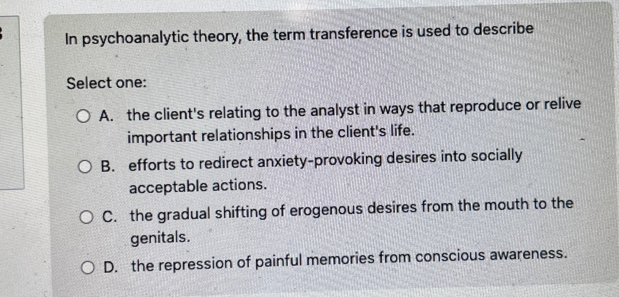 Solved In psychoanalytic theory, the term transference is | Chegg.com